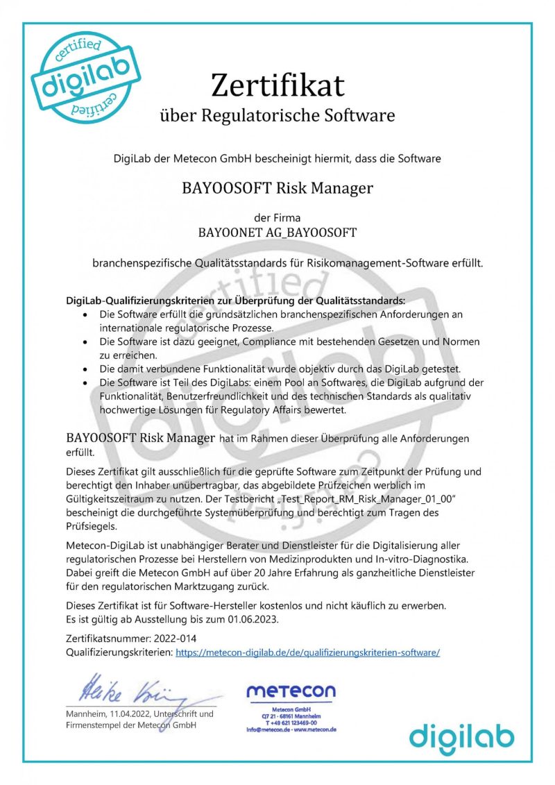 The BAYOOSOFT Risk Manager is DigiLab-certified